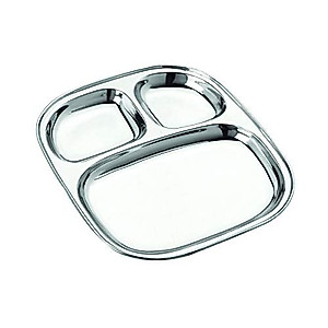WhopperIndia Stainless Steel 3 Compartment Oval Plate, Thali, Mess Tray, Dinner Plate Set of 2