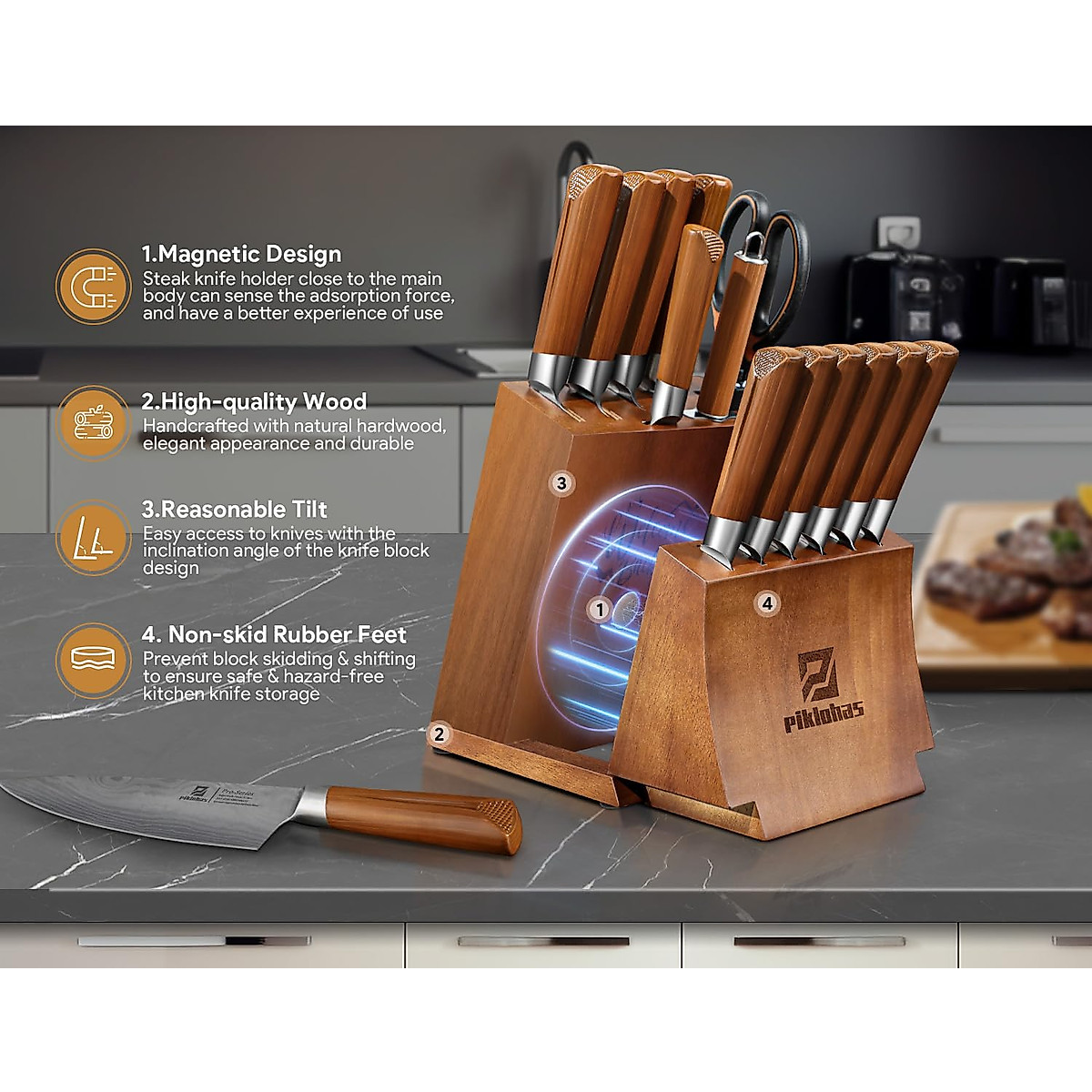 Kitchen Knife Sets With Block, Piklohas 15 Pieces Knife Sets With Magnetic Detachable Knife Holder, High Carbon Steel Damascus Pattern Chef Knife Set With Steak Knives, Ideal For House Warming Gift