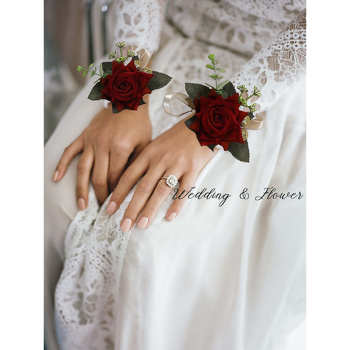 Campsis 2PCS Wedding Wrist Flower Wine Red Floral Wrist Corsage Bridal Rose Leaf Hand Flowers for Bride and Bridesmaid Festival Prom Engagement