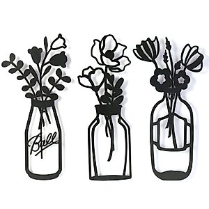 Set of 3 Metal Vase Flowers Wall Art Metal Flower Minimalism Metal Flower Wall Art Decor Hanging for Home Bedroom Bathroom Kitchen Garden Outdoor and Indoor Housewarming Gift(Black)