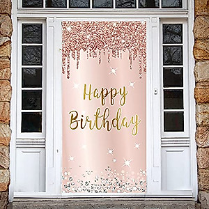 Pink Rose Gold Happy Birthday Door Banner Decorations, Happy Birthday Door Cover Backdrop Party Supplies for Women, Large 16th 21st 30th 40th 50th Birthday Poster Sign Decor