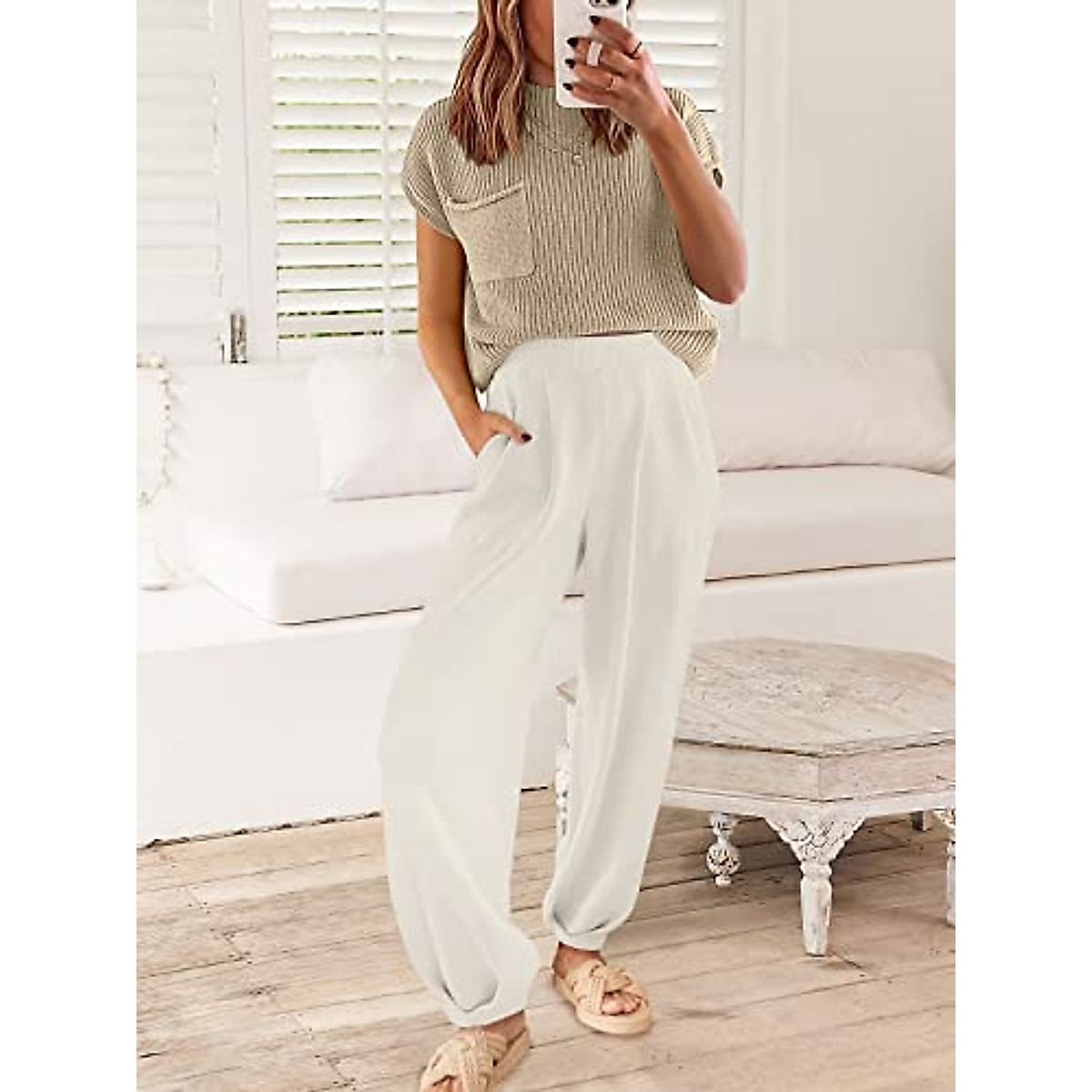 ANRABESS Women's Two Piece Outfits Sweater Sets Knit Pullover Tops and Casual Pants Tracksuit Matching Sets Loungewear 2023 Summer Fashion Clothes Sweat Suit 953qiankaqi-L