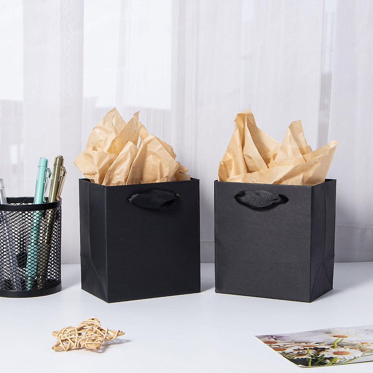 driew Small Black Gift Bags 50 Pcs, 4" x 2.8" x 4.5" Min Thick Kraft Paper Bags Bulk with Black Handles Set for Wedding Party Birthday Gathering Baby Shower