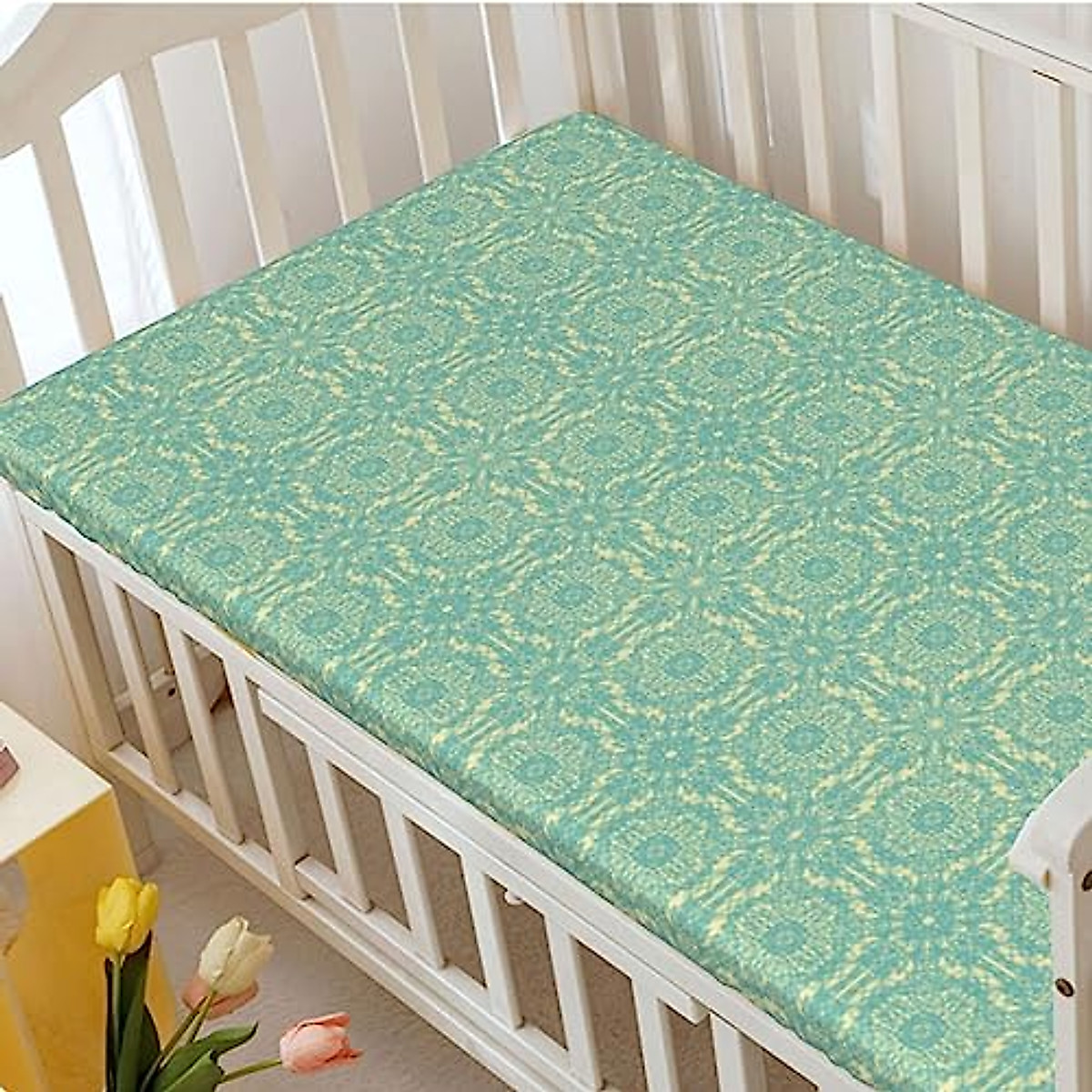 Damask Themed Fitted Crib Sheet,Standard Crib Mattress Fitted Sheet Toddler Bed Mattress Sheets - Baby Crib Sheets for Girl or Boy,28“ x52“,Pale Teal and Cream
