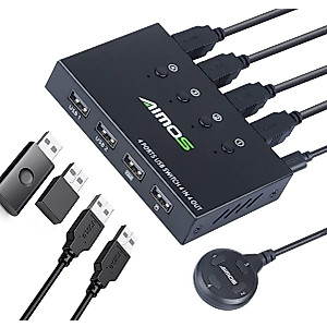 USB Switch Selector 4 Port, AIMOS USB KVM Switcher 4 Computers Sharing 4 USB Devices One-Button Swapping, for Share Mouse, Keyboard, Printer, Scanner, with 4 USB Cables