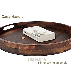 MAGIGO 18 Inches Extra Large Round Black Walnut Wood Ottoman Tray with Handles, Serve Tea, Coffee or Breakfast in Bed, Classic Circular Wooden Decorative Serving Tray