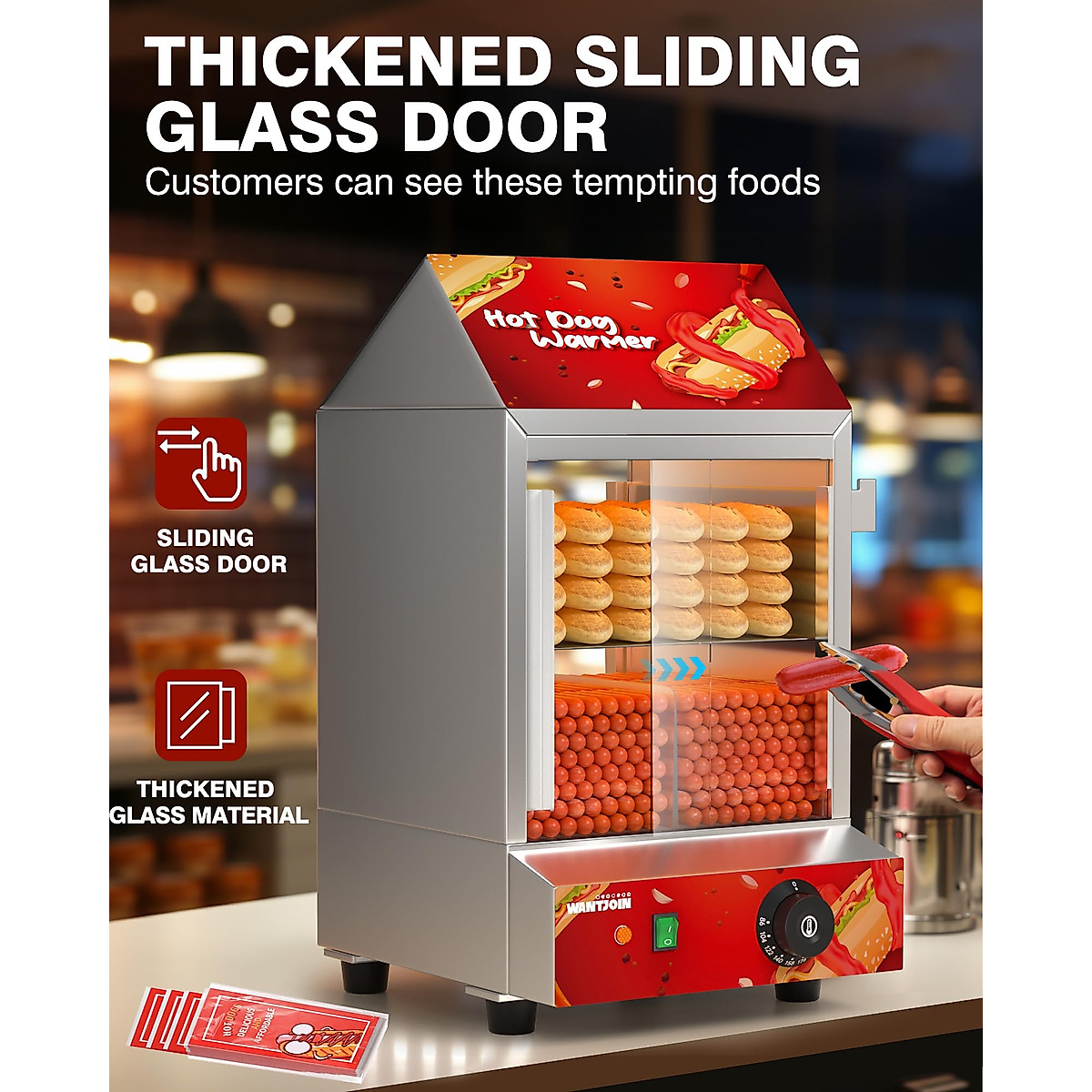 WantJoin Hot Dog Steamer - 2 Tiers Electric Hot Dog Steamer with Bun Warmer 27 L/24.52 QT, Visuable Glass Slide Doors Suit for 175 Hot Dogs and 40 Buns