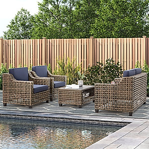 EROMMY 4 Pieces Patio Furniture Set Sofa Couch with Cushions and HDPE Table Top, Handwoven PE Wicker Rattan Patio Furniture Set for Patio, Garden, Yard, Pool, Brown and Blue