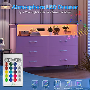 Patikuin Dresser for Bedroom with LED Light & Charging Station, 6 Drawers Wooden Dressers with Open Space, Modern Chest of Double Wide Drawers for Living Room, Entryway, Hallway TV Stand, Pink