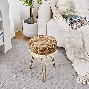 Cpintltr Natural Seagrass Hand Weave Poufs Vanity Stool Velvet Ottoman Stool Round Ottoman Foot Stool with Metal Legs for Living Room Bedroom Natural White