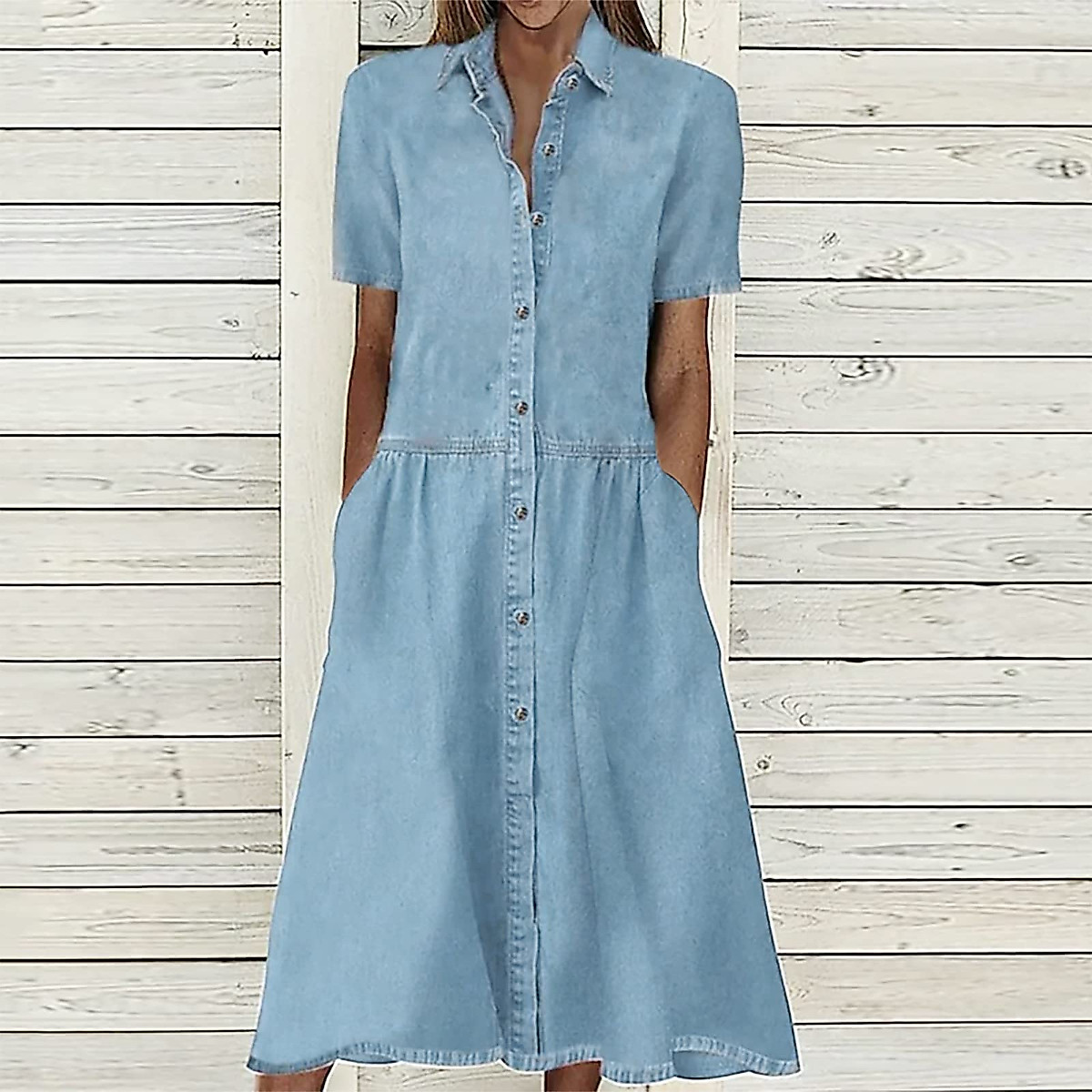 Summer Short Sleeve Sundress Lady Elegant Birthday Midi Baggy Denim Solid Button Lightweight V Neck Dress Women's Blue