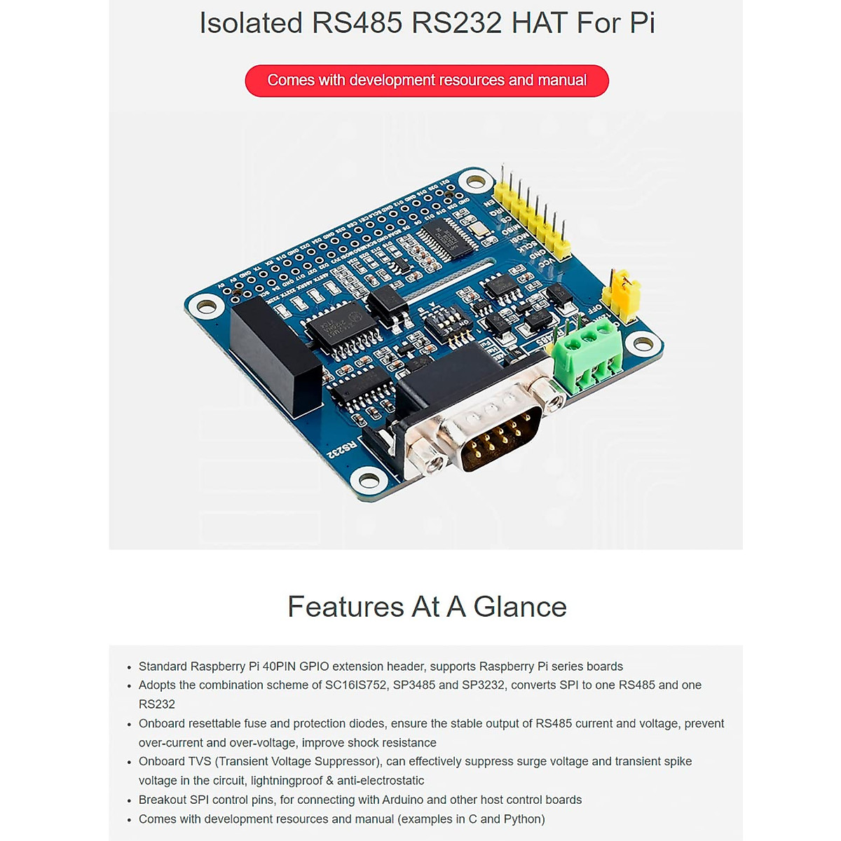 Isolated RS485 RS232 Expansion HAT Board for Raspberry Pi 4B/3B+/3B/2B/Zero/Zero 2 W/Zero 2 WH, SPI Control Onboard Protection Circuits