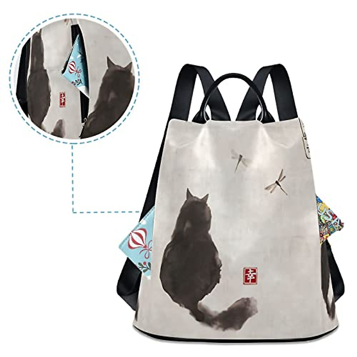 Mcyhzjd Backpack Purse, Vintage Black Fluffy Cat with Dragonfly Anti-theft Casual College School Ladies Fashion Shoulder Bag