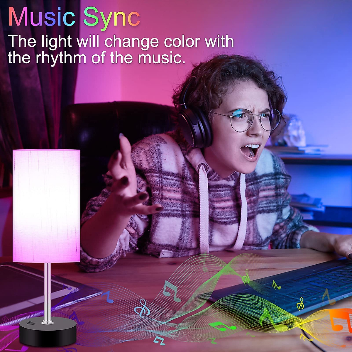 Peteme Smart RGB Bedroom Lamps with APP Control & Music Sync, 2 USB Port Dimmable Alexa Lamps Bulb Included, Bedside Lamp, Nightstand Light for Bedrooms and Living Room