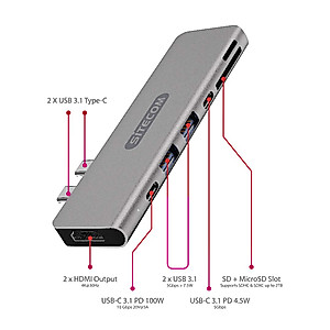 Sitecom CN-391 Dual USB-C Multiport Adapter for MacBook Pro - 2X USB-C to 1x HDMI + 2X USB 3.1 + USB-C 3.1 + UBS-C 3.1 Power Delivery