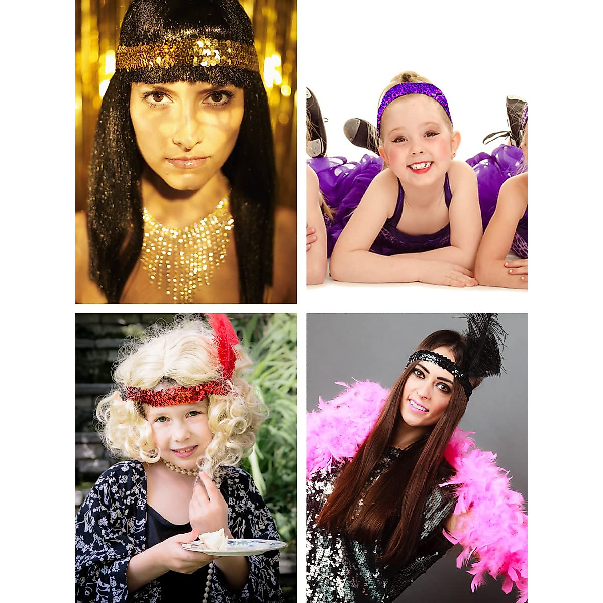 Mandala Crafts Sparkle Silver Sequin Headbands for Women Girls - 12 Glitter Stretch Elastic Sequin Headband Set for Fashion Dance Disco Party Favor