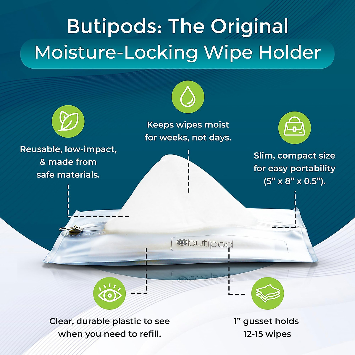 Butipods Reusable Travel Wipes Case - Portable Moisture-Retaining Pouch, Slim Holder and Convenient Container for Diaper Bag, Dispenser for Hand, Face, Makeup Removal, and Wet Wipes - Set of 2 (Clear)