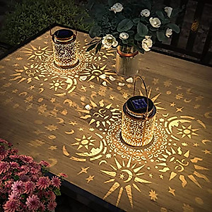 Gardencave 2 Pack Solar Lanterns Outdoor Hanging Solar Lights Decorative Waterproof Metal Sun Moon Star Solar Lantern for Patio Porch Yard Backyard Table Garden Decor (Gold, 2 Pack)