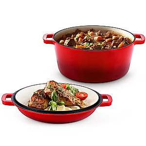 HaSteeL 2 in 1 Enameled Cast Iron Dutch Oven, 5 QT Pot & 2 Quart Skillet Lid Pan, Non-Stick Cookware Multi Cooker for Bread Baking Cooking Stewing, Suit for All Cooktops, Dual Handles & Oven Safe, Red