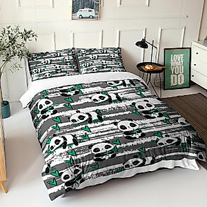 AILONEN Cute Panda Duvet Cover Set Queen Size, Chinese Panda Bamboo Themed Bedding Set,Kawaii Animals Print Comforter Cover Set 3 Pieces, 1 Quilt Cover and 2 Pillowcases