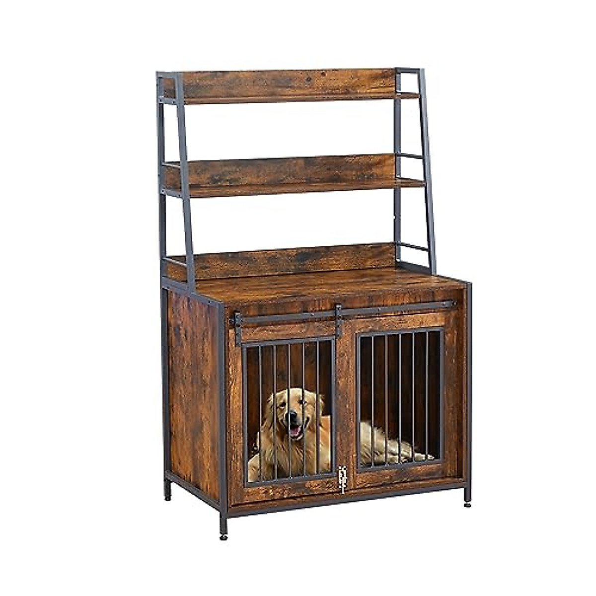 Lyromix 37'' Dog Crate Furniture with Shelves for Small to Medium Pets, Wooden Cage End Table Side Table, Heavy Duty Indoor Puppy Kennel with Sliding Door, Brown