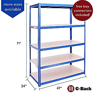 G-Rack 71" H x 47" L x 24" W Garage Storage Shelving Unit - Metal Shelf - Built to Last Storage - Heavy Duty 5 Tier Storage Shelf - Blue Shelving Unit Free Bay Connectors - 5-Year Support