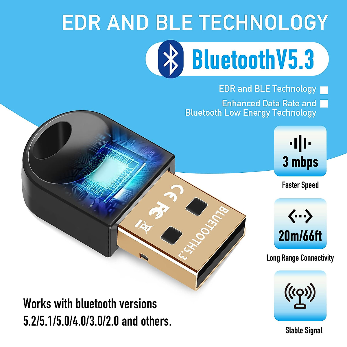 Bluetooth Adapter for PC, Bluetooth 5.3+EDR USB Dongle, Bluetooth Receiver Transmitter for Wireless Keyboard, Mouse, Speaker, Headset, Support Windows 11/10/8.1, Plug and Play No Driver Required