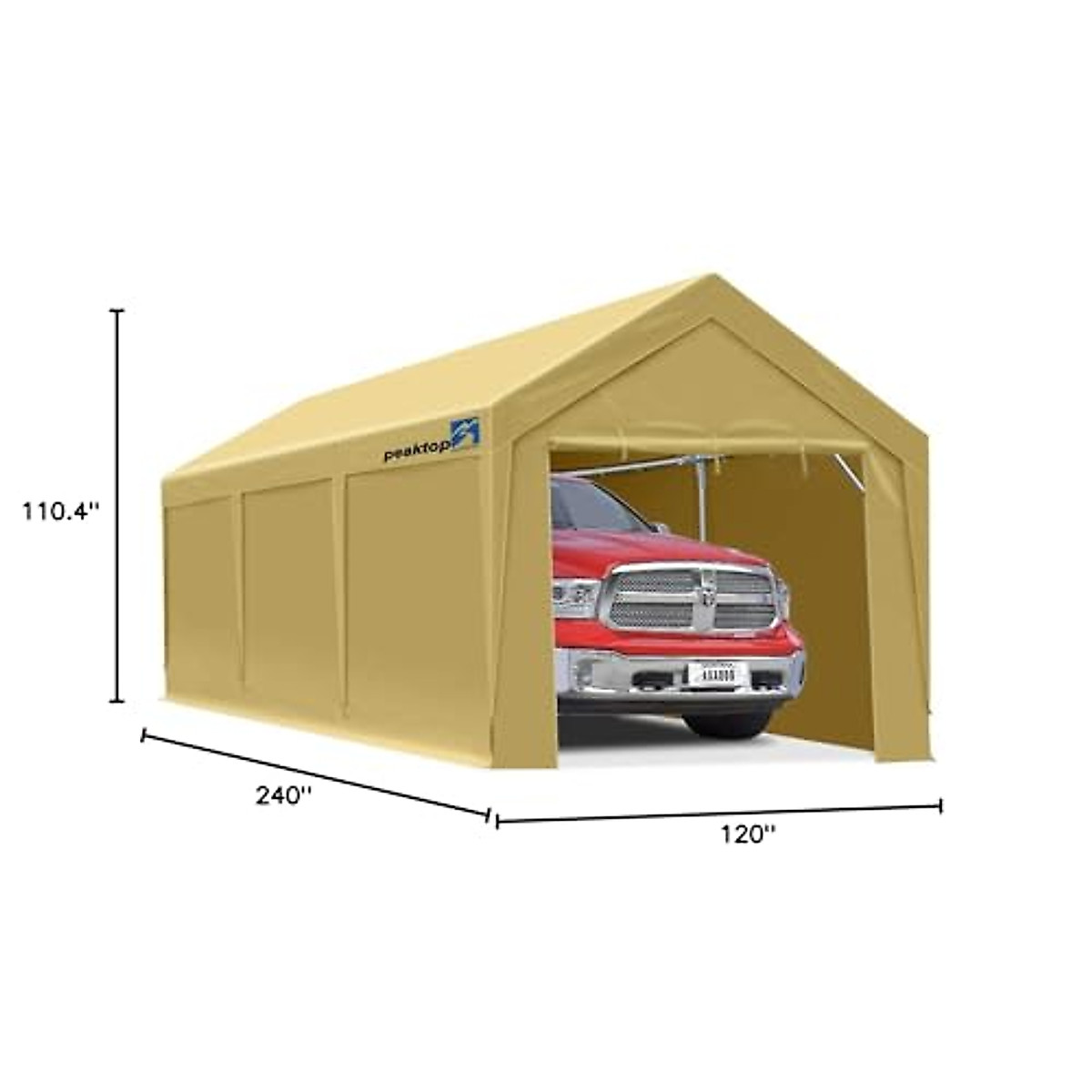 PEAKTOP OUTDOOR 10x20 ft Heavy Duty Carport, Portable Car Canopy, Garage Tent, Boat Shelter with Reinforced Triangular Beams and Ground Bar, Removable Sidewall & Zipper Doors, Beige