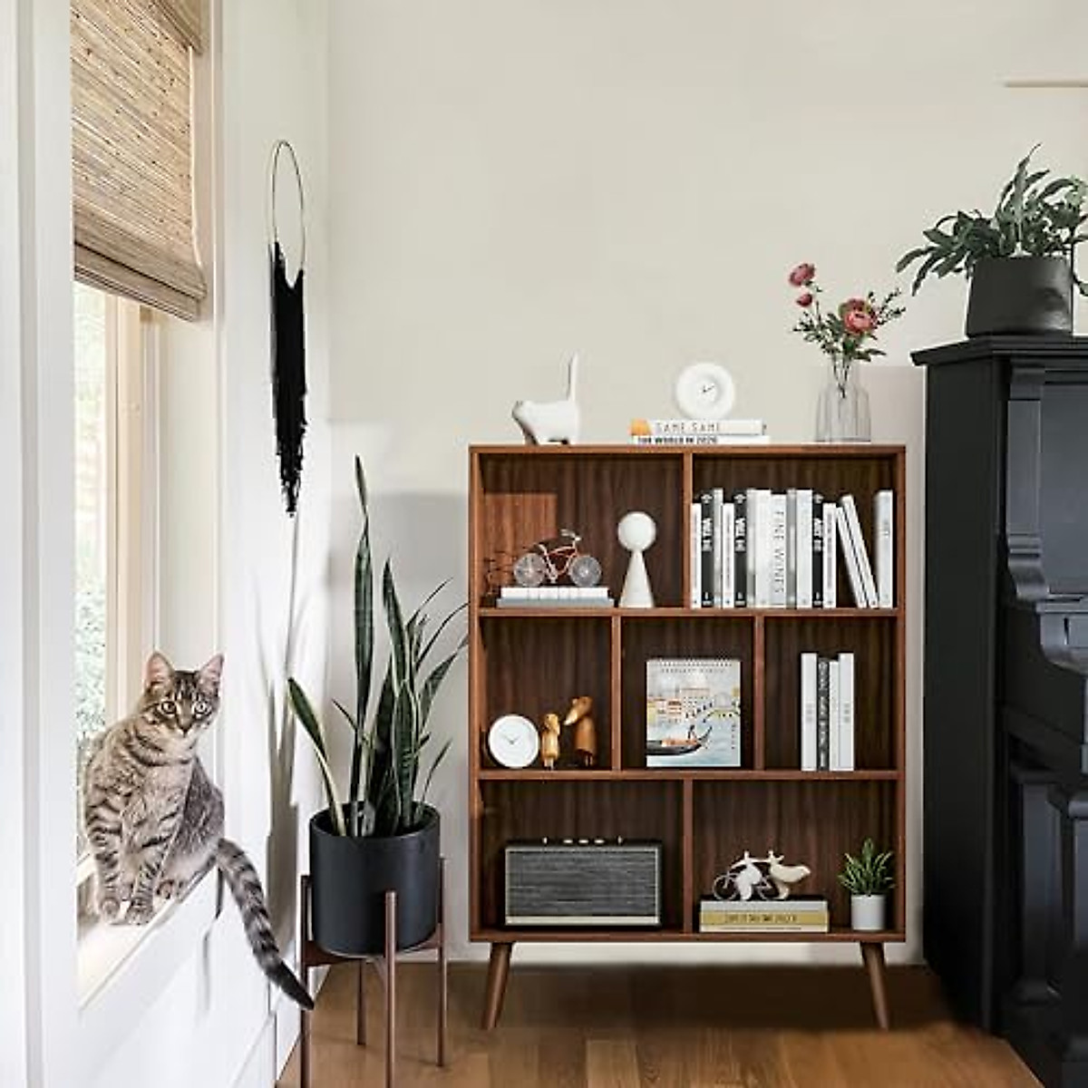 DIFY Wooden Bookcase 7 Cube Open Bookcase with Legs, Display Bookshelves Storage Organizer Shelf for Living Room, Home Office and Bedroom, Walnut