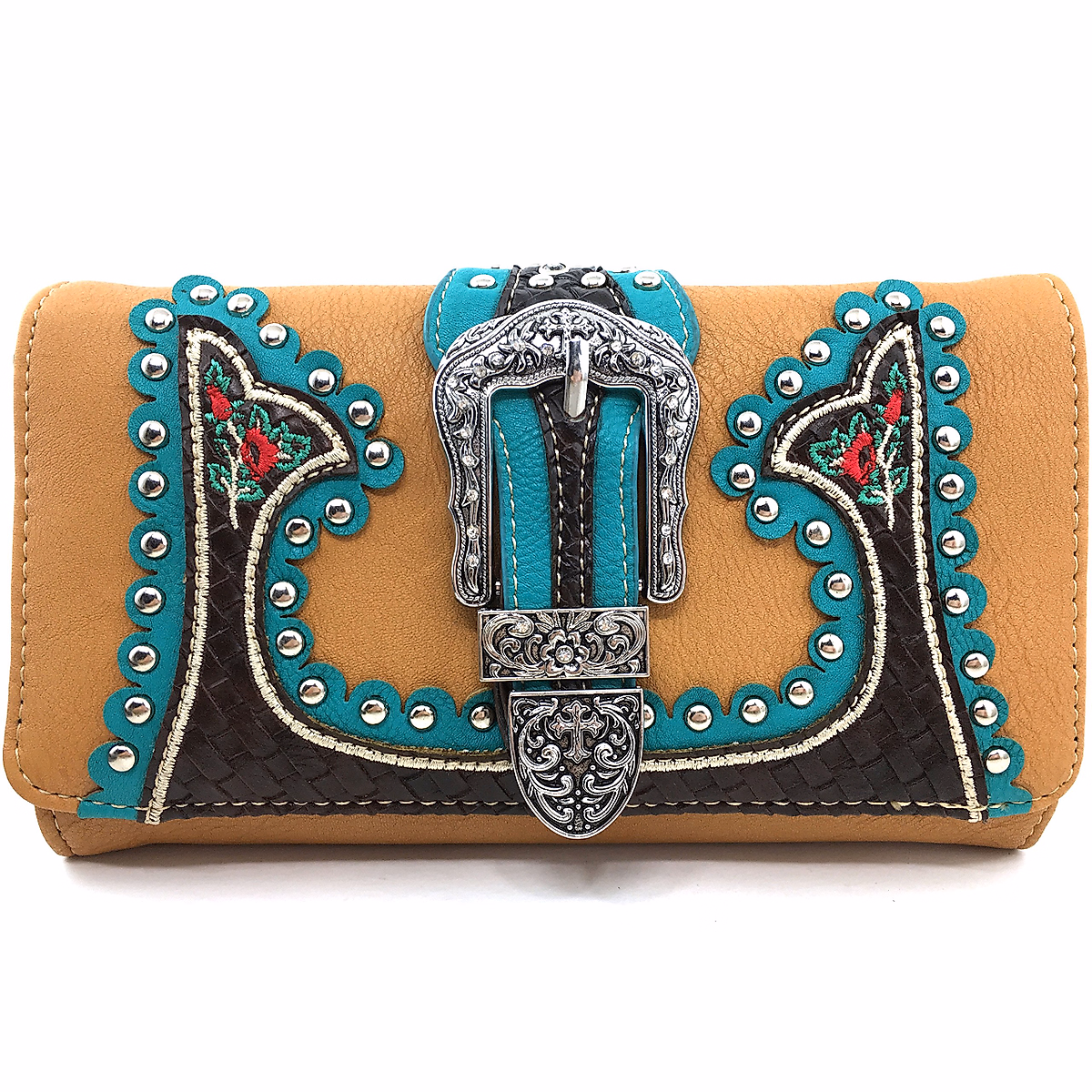 Justin West Rhinestone Buckle Floral Embroidery Laser Cut Wristlet Trifold Wallet Attachable Long Strap (Black Handbag Wallet Set)