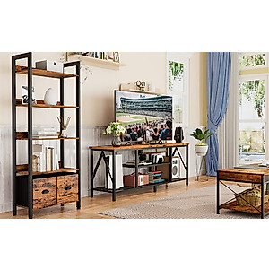 Furologee TV Stand with Power Outlets for 60 65 inch TV, Entertainment Center with Open Storage Shelves, Long 55'' TV Media Console Table with Soundbar Shelf for Living Room, Bedroom, Rustic Brown