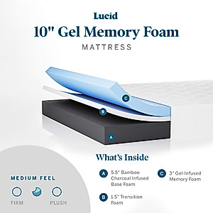 LUCID 10 Inch Medium Gel Memory Foam Mattress and LUCID L300 Adjustable Base (Twin XL)