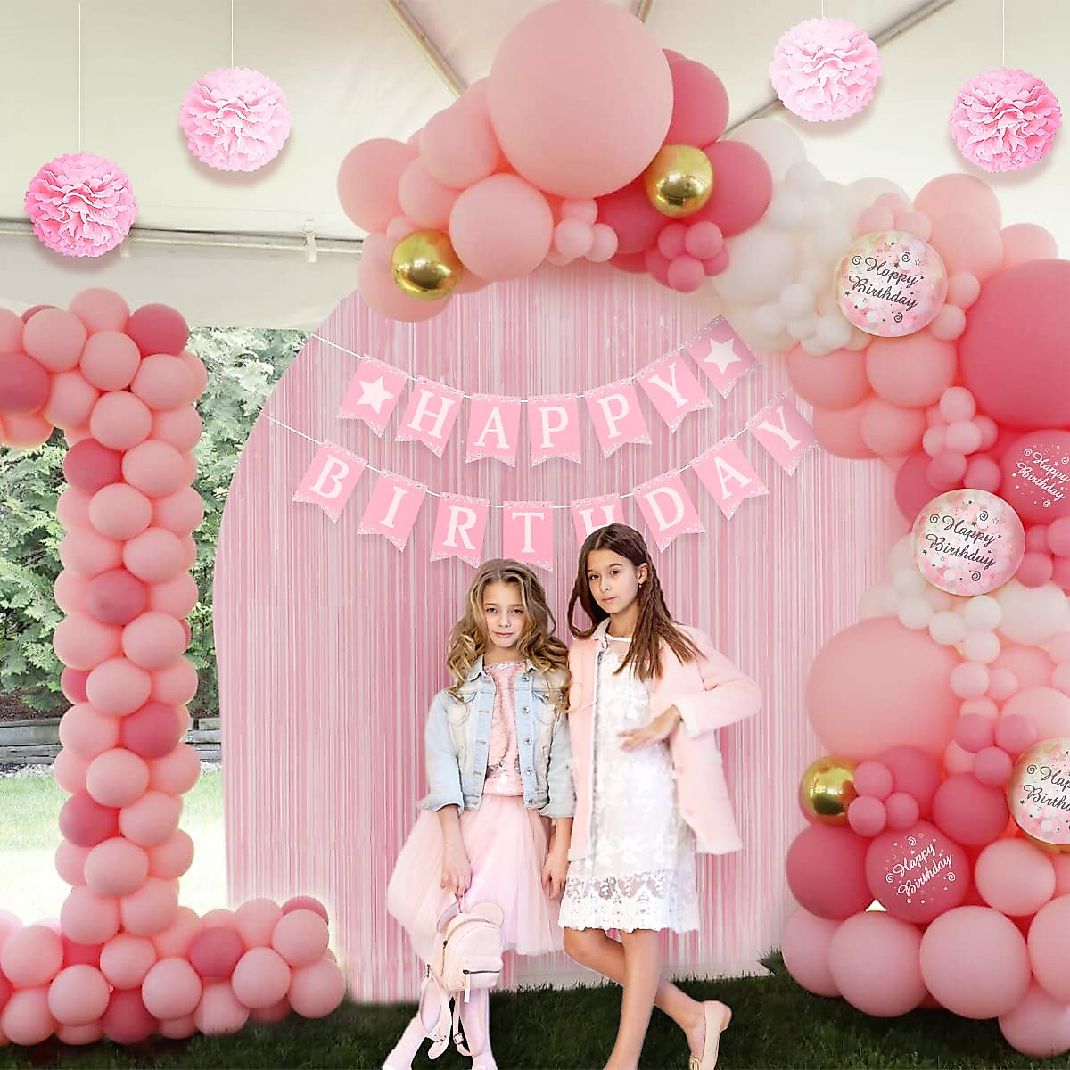 Pink Birthday Decorations, Birthday Decorations for Girls, Pink and White Balloons Happy Birthday Banner Tablecloth Paper Pom Poms Foil Fringe Curtain for Kids Women Birthday Pink Party Supplies
