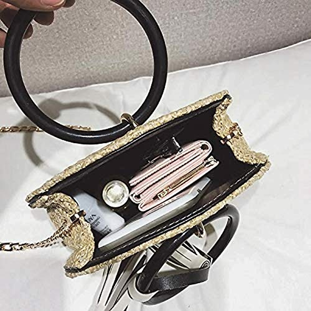 WPYYI Straw Handbags Women Handwoven Round Straw Bags Natural Chic Beach Tote Woven Shoulder Bag (Color : Black)