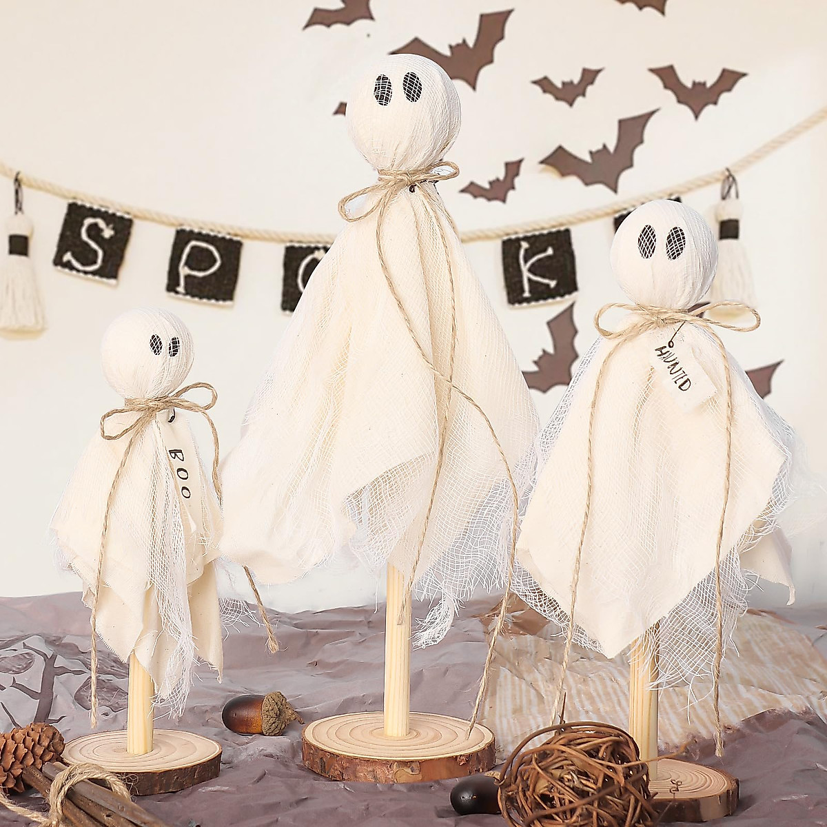 RERCIT 3 Pack Halloween Ghost Kits Decor Indoor with Wooden Stand, Halloween Centerpieces for Tables, Halloween Mantel Decorations