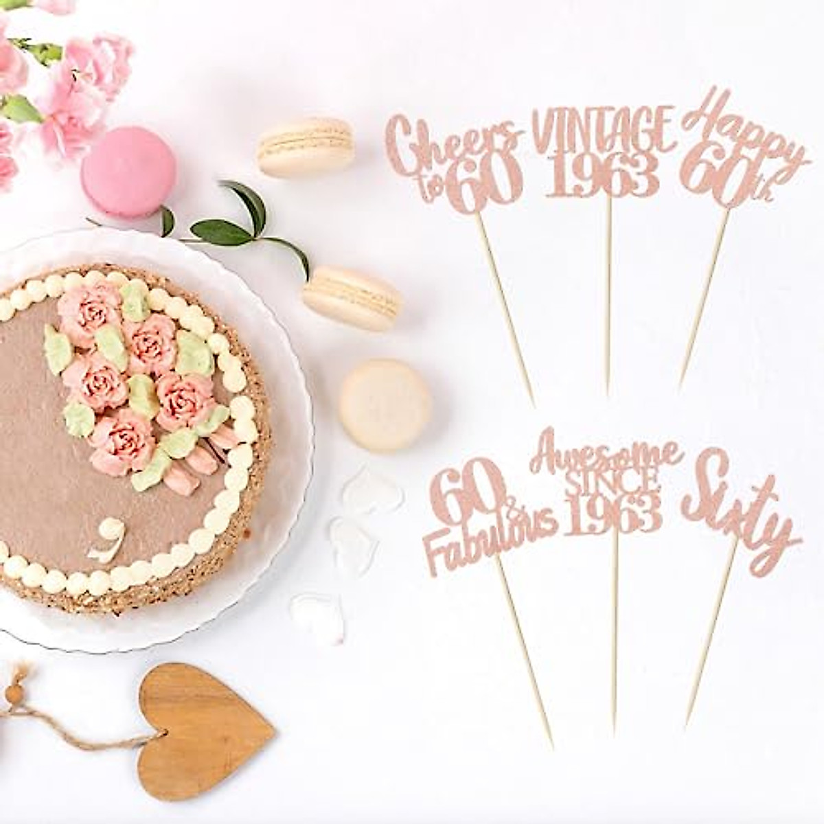 30 Pcs 60th Birthday Cupcake Toppers, Rose Gold Glitter 60th Cake Toppers 60 & Fabulous Cupcake Picks for Happy 60th Birthday Anniversary Party Decorations Supplies (Rose Gold)