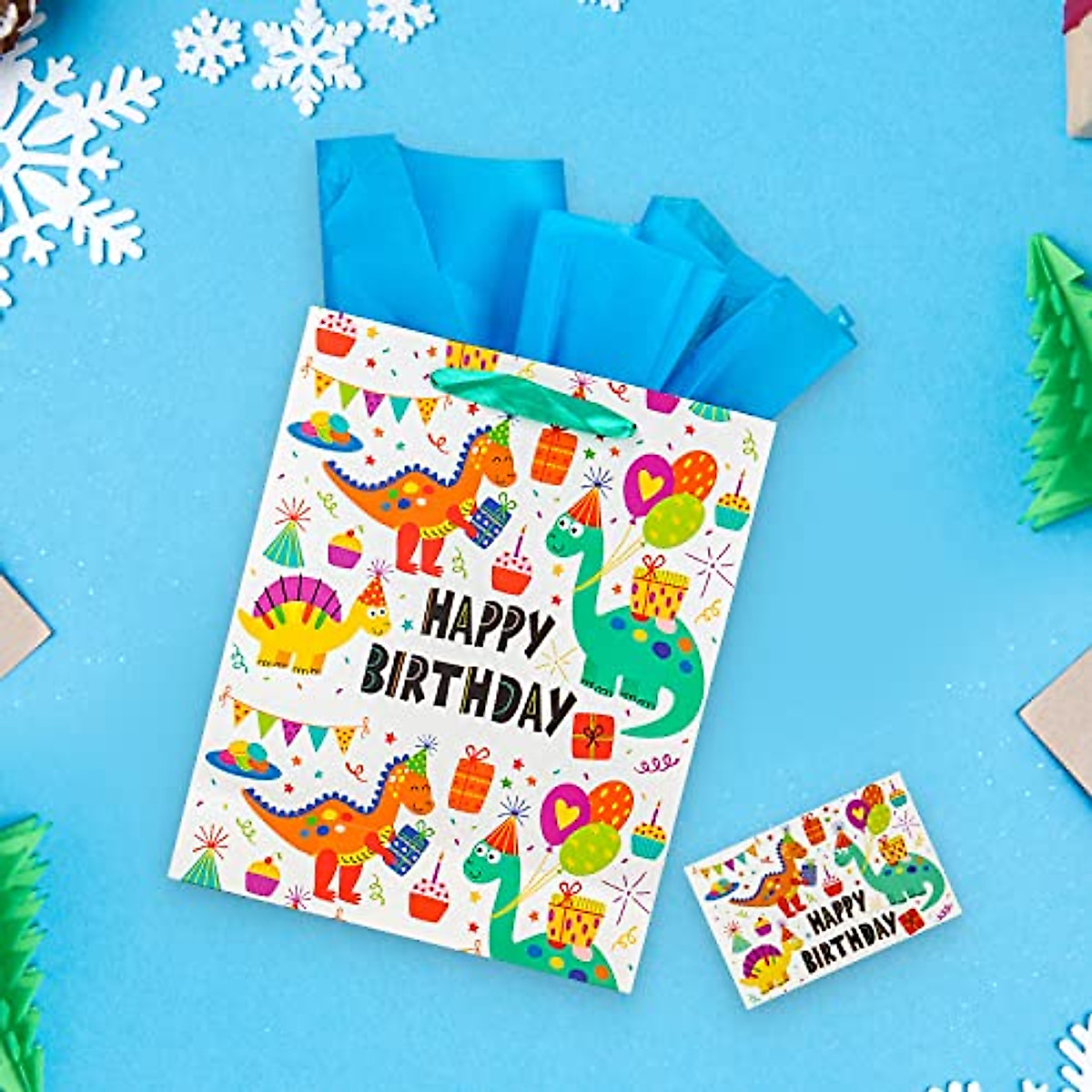 12.6" Large Happy Birthday Gift Bags with Tissue Papers and Card for Boys Girls and Kids(Dinosaur)