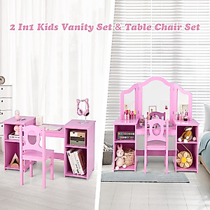 INFANS Kids Vanity, 2 in 1 Princess Makeup Desk & Chair Set with Tri-Folding Detachable Mirror, Large Storage Shelves, Wooden Pretend Play Dressing Table for Girls