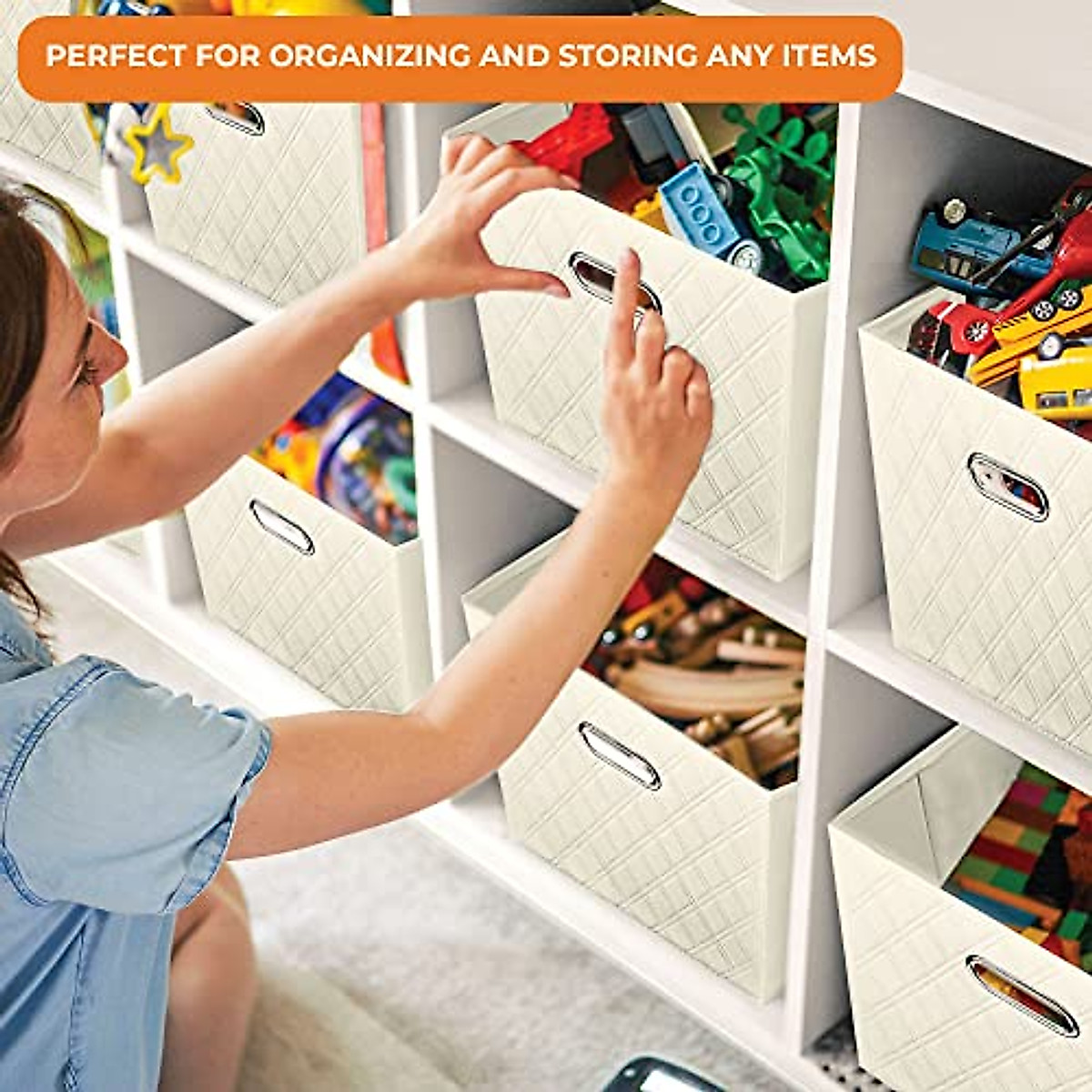 JIAessentials 11 inch Beige Foldable Diamond Patterned Faux Leather Storage Cube Bins Set of Two with Handles for living room, bedroom and office storage