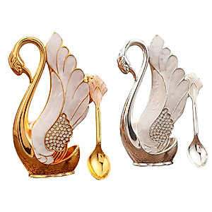 STIVEMIAO Coffee Spoon Holder Decorative Swan Base Holder with 6 Dessert Spoons Set Metal Swan Base Holder Spoon Organizer Flatware Silver Spoons