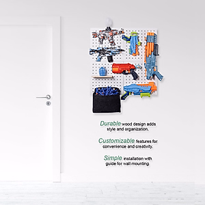 IneVibe Nerf Display Wall Organizer - Wooden Pegboard Storage Holder for Mounting Nerf Guns & Gel Blasters, 4 Piece Rack W/Bag for Darts