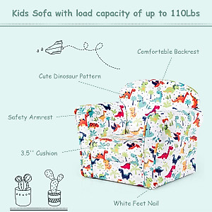 Costzon Kids Couch, Children's Sofa Armrest Chair with Pattern, Toddler Furniture w/Sturdy Wood Construction, Preschool, Lightweight Children Couch Sofa Chair for Aged 1-5 Boys & Girls Gifts, Dinosaur