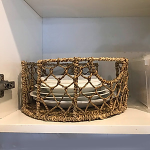 Seagrass Plate Caddy Carrier w Side Handles | Round Plate Holders for Buffets, Weddings, Parties, Dining Table - Cabinet Paper Plate Holders Reusable - By MadeTerra