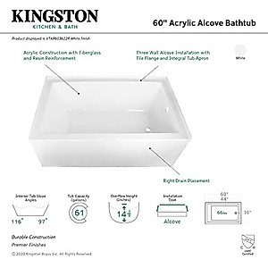 Kingston Brass Aqua Eden VTAP603622R 60-Inch Acrylic Alcove Tub with Right Hand Drain, White