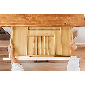 KitchenEdge Premium Silverware, Flatware and Utensil Organizer for Kitchen Drawers, Expandable to 33 Inches Wide, 11 Compartments, 100% Bamboo