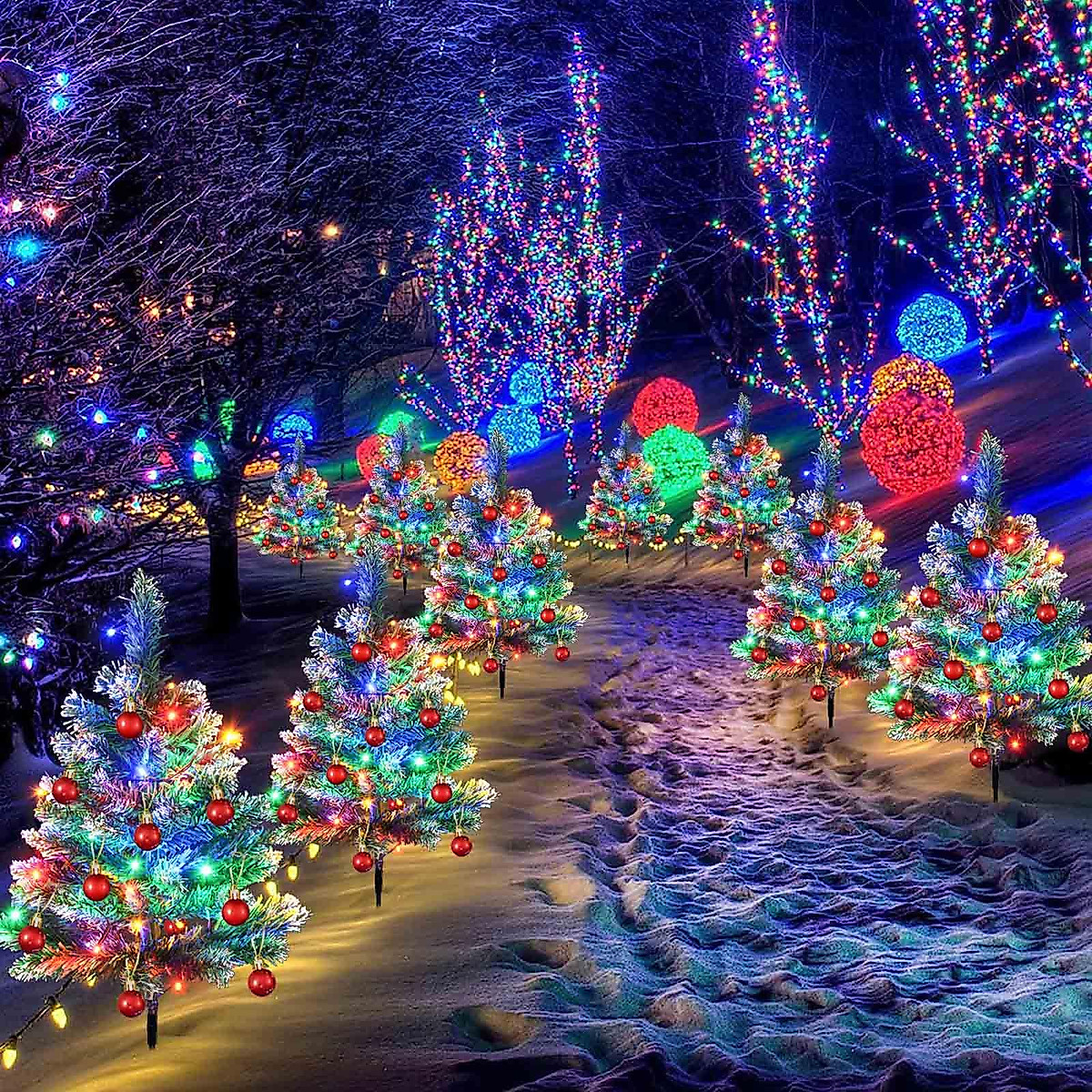 Windpnn Upgraded 4-Packs Solar Christmas Tree Pathway Lights Outdoor Christmas Decorations Waterproof, 8 Modes Solar Christmas Garden Stake Lights for Christmas Decorations Yard, Lawn, Pathway, Grave