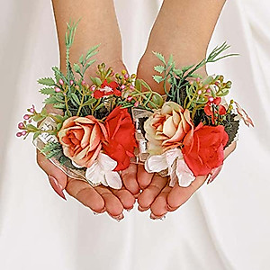 Campsis Wedding Bridal Handmade Wrist Flower Corsage Red Leave Ribbon Hand Flower Bride Bridesmaid Wristlet for Prom Party Beach Photography 2PCS
