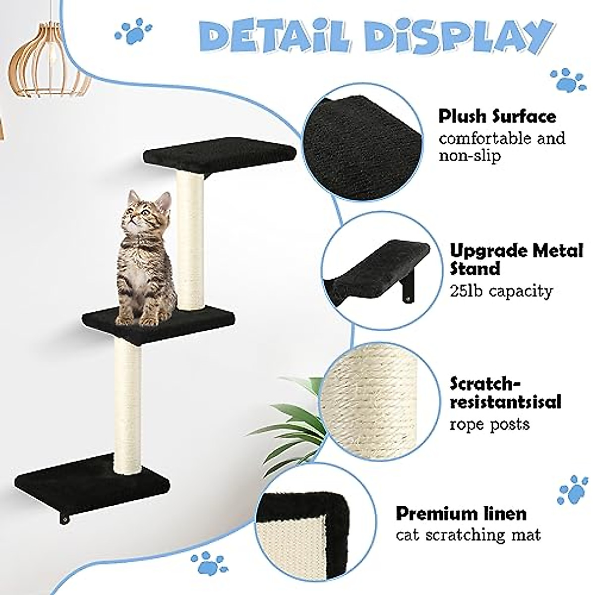 Loninak Cat Wall Furniture Set-Cat Shelves Include Hammock, Condo with Bridge, Step Scratching Post House for Indoor Mounted Tree Black
