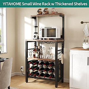 YITAHOME Small Kitchen Microwave Bakers Stand Wine Rack, Wine Rack Freestanding Floor, Coffee Bar Storage with Power Outlet for Liquor Thicken Shelf Farmhouse Dining Room, Rustic Brown