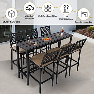 Sumshadow Outdoor Patio Bar Set, Bar Height Patio Dining Set, Weather-Resistant Bistro Counter Pub Set with Cushions & Slatted Tabletop for Backyard, Garden, Yard (63" Table, 6 "I Style Stool, Black)
